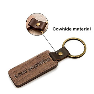 POVOKICI 10 Pack Blank Wood Keychain, Rectangle Walnut Keychains with Leather Strap, Personalized Key Tags for DIY Car Ornament Gift, Key Ring Gift Craft for Birthday, Engraving Gift