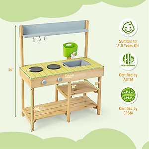 HONEY JOY Mud Kitchen, Fir Wooden Mud Table Play Kitchen for Toddlers, Running Water, Removable Sink, Kids Outdoor Kitchen Playset, Mud Kitchen for Kids Outdoor, Gift for Boys Girls