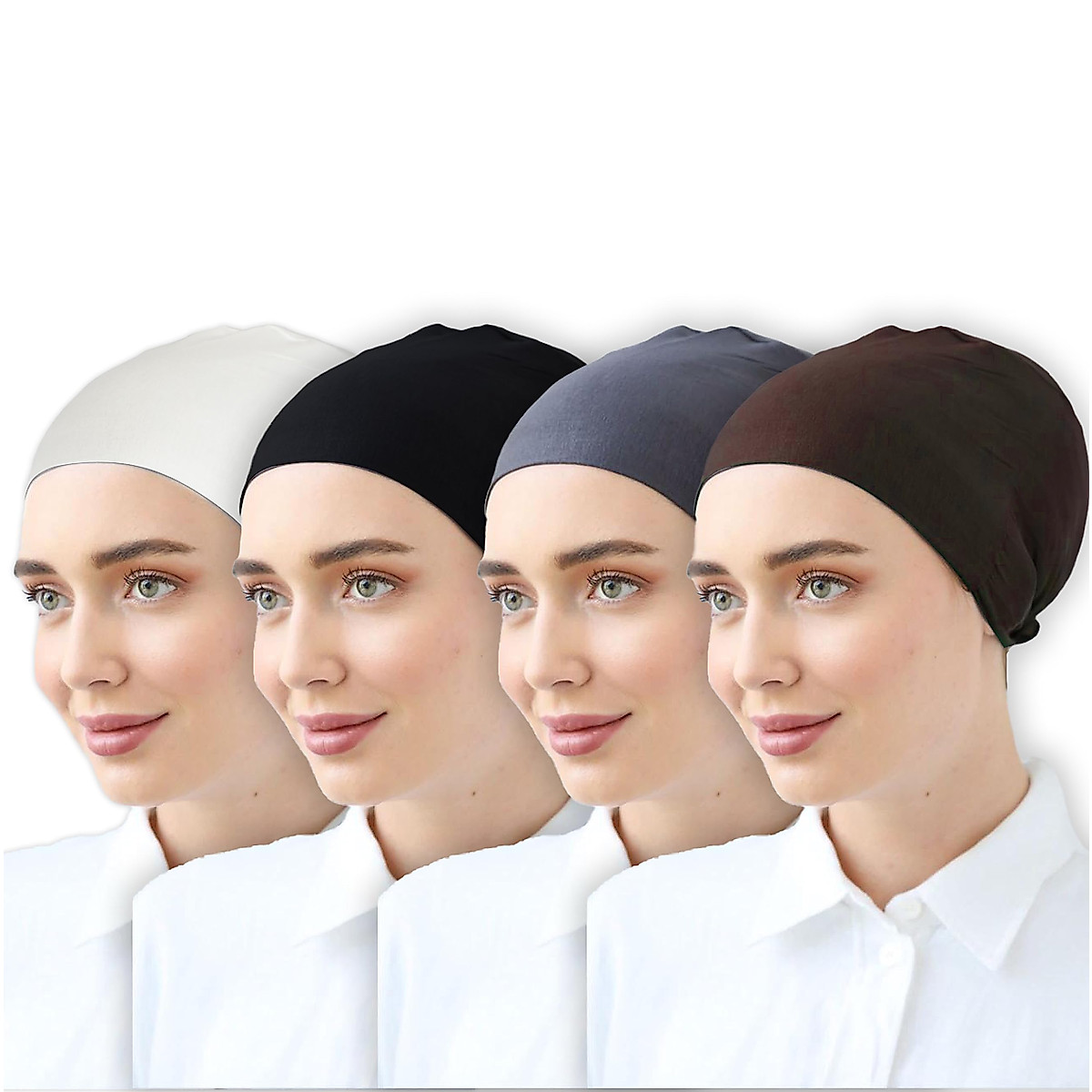 ESERRA Women Under Scarf Hat Hijab Cap Islamic Hijab Undercap Hijab Bonnet Cap Muslim Inner Beanies Hat Underscarf Turban (Black White Brown Gray)
