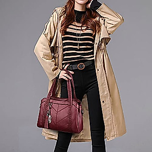 FiveloveTwo Women Purse and Handbags Fashion Tote PU Stiching Top Handle Satchel Shoulder Bag with Ornaments Burgundy