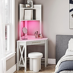 BELLEZE Corner Desk with Hutch, Compact Home Office Desk with Display Shelf and Drawer, Space Saving Writing Desk with Charge Outlets and LED Lights for Living Room, Bedroom - Tate (White)