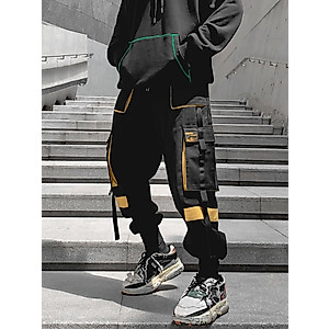 Ambcol Men's Jogger Pants Techwear Hip Hop Harem Pants Streetwear Tactical Track Pants with Drawstring Black-Yellow Medium