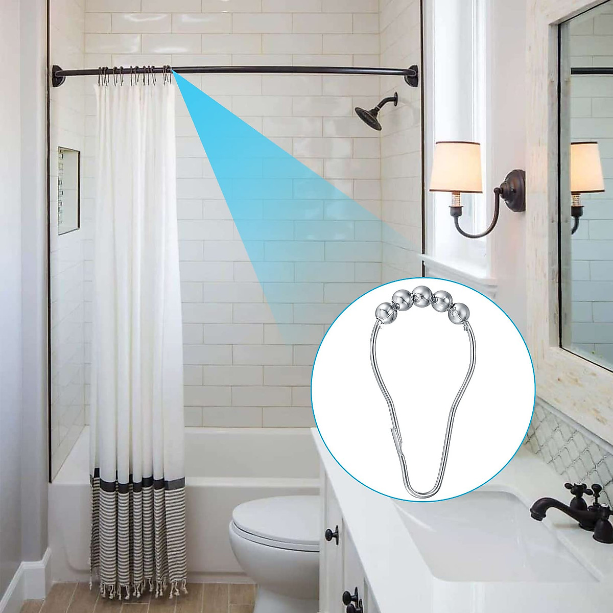 12 Pcs Shower Curtain Hooks Rings, Iron Decorative Rolling Balls Shower Curtain Rod Rings, Shower Curtain Rings for Bathroom Shower Curtain Liner Curtains, Shower Rods Hooks Rings