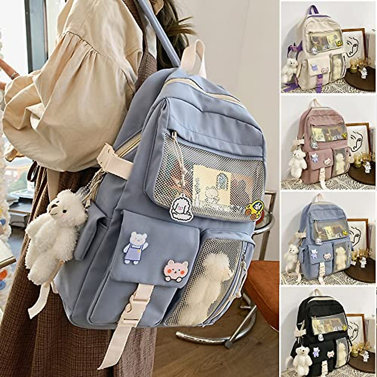 Tonecy Kawaii Mesh Backpack with Kawaii Pin and Accessories Girl Cute Aesthetic Backpack for School Laptop Teen Girls Women