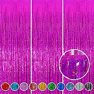 Foil Fringe Curtains Party Decorations - Melsan 3 Pack 3.2 x 8.2 ft Tinsel Curtain Party Photo Backdrop for Birthday Party Baby Shower or Graduation Decorations Rose Red