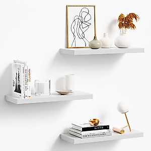 oridom Floating Shelves for Wall, White Wood Wall Shelf Set of 3, 16" Wall Mounted Floating Shelf for Kitchen, Living Room, Bedroom, Bathroom Storage, Book Shelf for Wall Home Decor, Frame Display