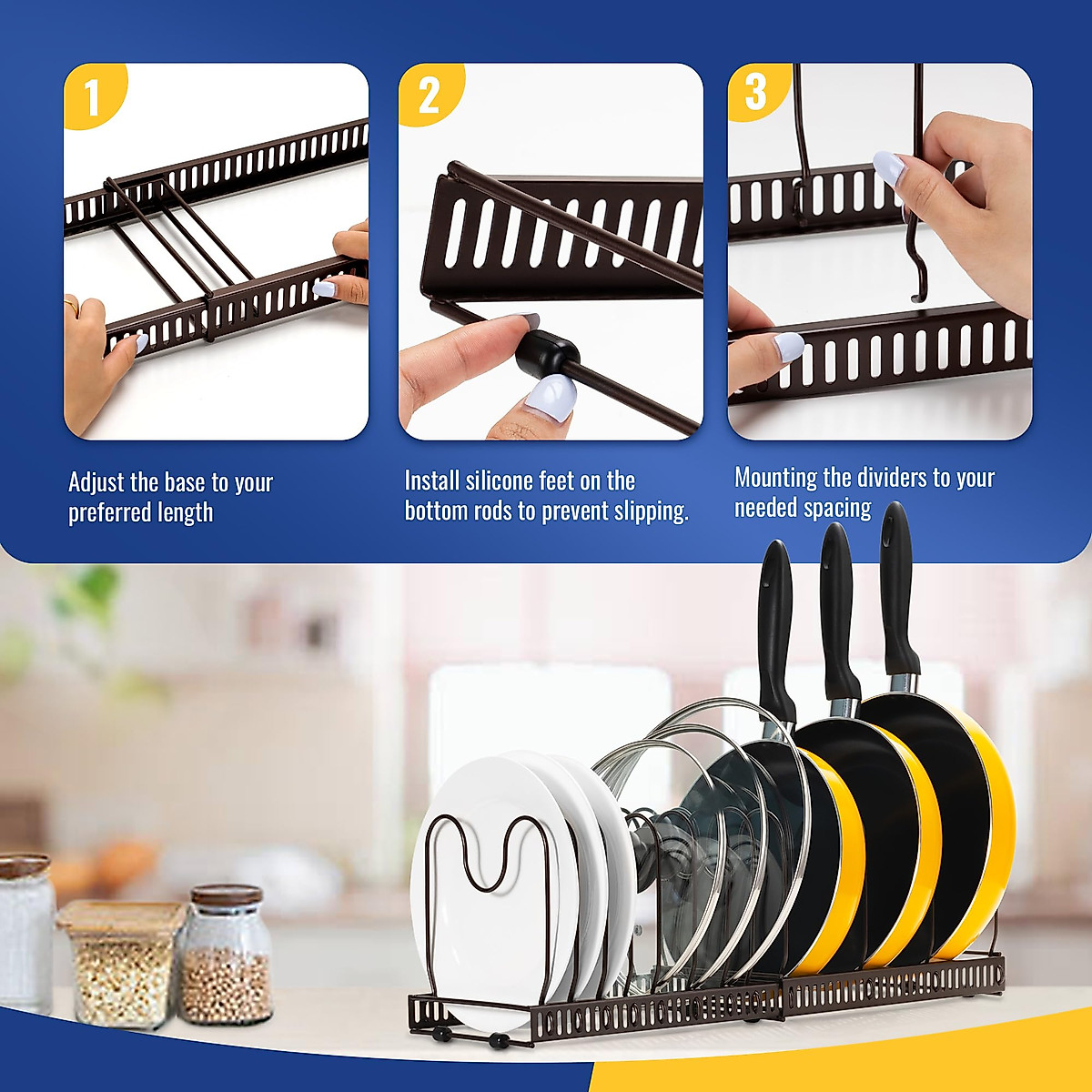 Damita Expandable Pot and Pan Organizer Rack for Cabinet, 2 Pack Pot Lid Holder with 10 Adjustable Compartments - Ideal Kitchen Cabinet Organizer for Cutting Board, Frying Pan, and More (Brown)