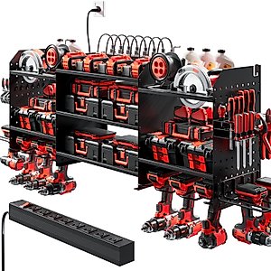 WIWIDRM Upgrade Large Power Tool Organizer Wall Mount with Charging Station Tool Storage Rack with 6.5FT Power Strip 10 Drill Holder and Storage Rack for Garage Organization