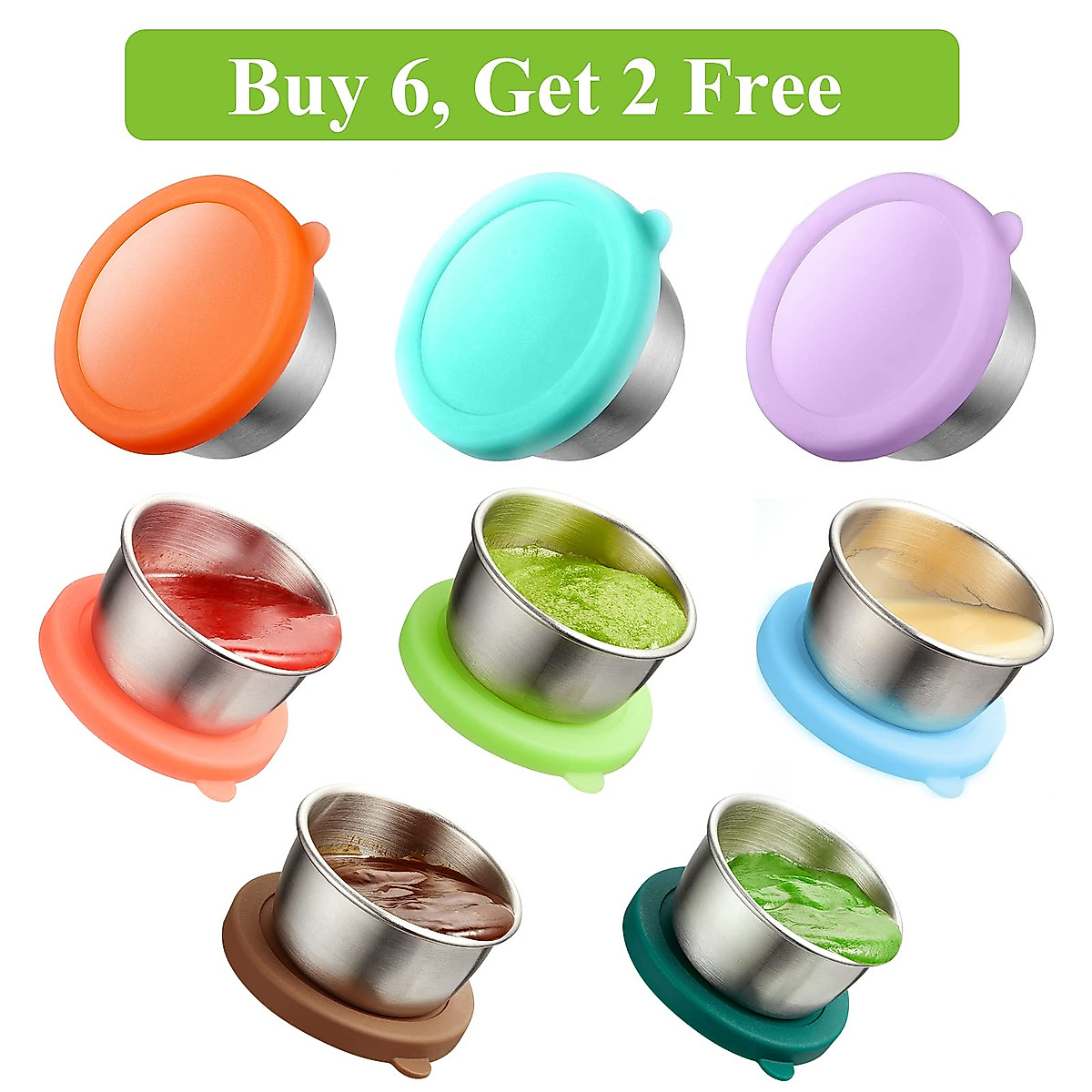 8 Pack Salad Dressing Container To Go, Gencywe 1.6oz Stainless Steel Condiment Cup, Condiment Containers with Lids, Reusable Small Containers with Silicone Lids, Leakproof Dipping Sauce Cups for Lunch