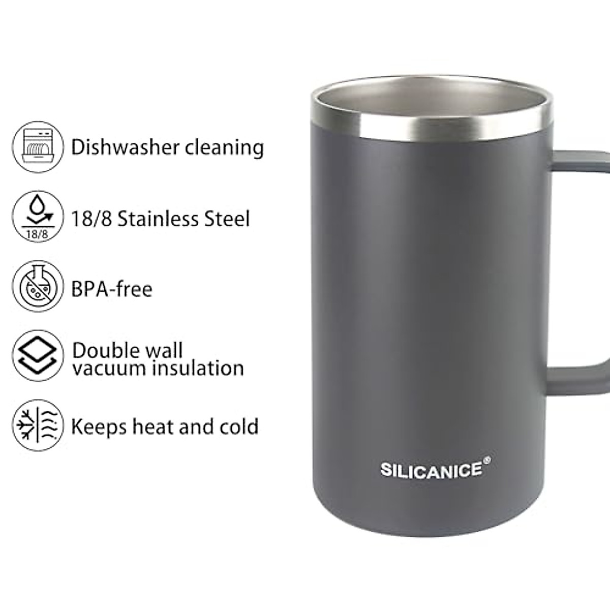 SILICANICE 24 oz Stainless Steel Vacuum Insulated Tumbler with handle & MacSlider Lid, Dishwasher Safe & Spill Proof Coffee Cup, Travel Mug for Hot/Cold Drinks, Durable Design (Gray 2.4, 24 Oz)