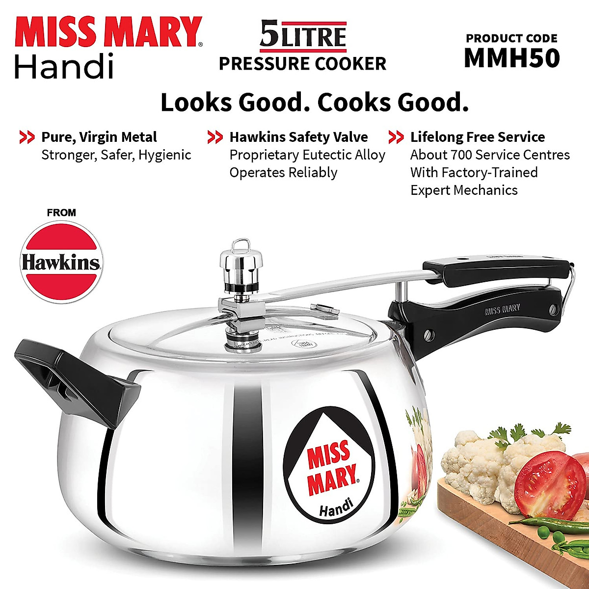 Hawkins 5 Litre Miss Mary Handi Pressure Cooker, Inner Lid Cooker, Silver (MMH50)