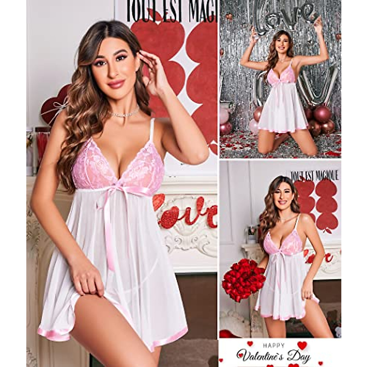 Avidlove Women Lingerie Lace Babydoll V Neck Sleepwear Strap Chemise Strap Chemise Babydoll Lingerie Set White M