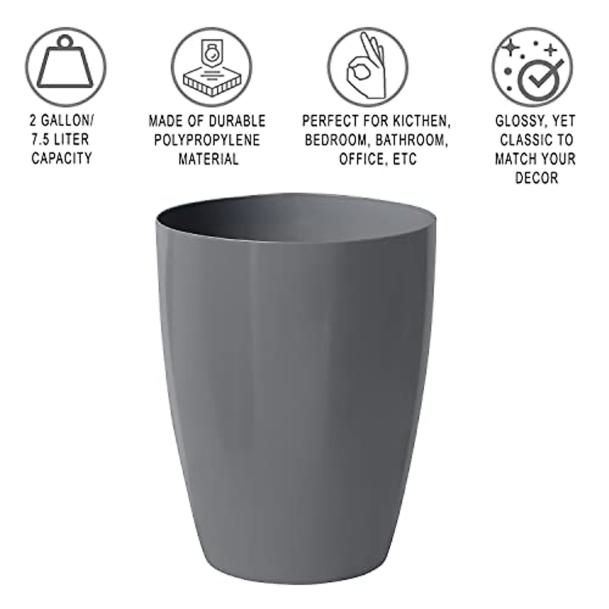 Small Trash Can – Open Top Garbage Cans for Kitchen, Office, Dorm, Bathroom, etc. –Waste Can for Compact/Tight Spaces – The Perfect Bathroom Trash Can - 2 Gallon Trash Bin – Glossy Grey