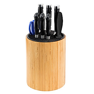 Diosbles Bamboo Universal Knife Block With Slots For Scissors And Sharpening Rod, Round Kitchen Knife Storage Holder Unique Slot Design To Protect Blade, Detachable Slot For Easy Cleaning