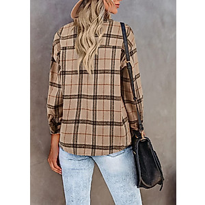 Womens Long Sleeve Flannel Shirts Plaid Flannels Lapels Collared Button Down Shacket Casual Rolled Up Boyfriend Blouse Tops Khaki