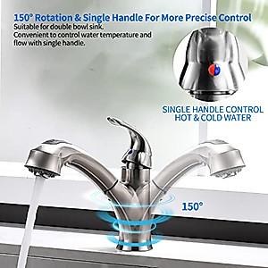 Kitchen Faucet with Sprayer, Brushed Nickel Kitchen Sink Faucet with Pull Out Sprayer, Single Handle 1 Hole Kitchen Faucet Solid Brass Commercial RV Kitchen Faucet 2 Modes & 150°Rotation & No Lead