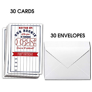 ukebobo 1st Birthday Party Invitations with Envelopes – First Birthday Batter Up Baseball Invitation, Baseball Party Invitations– 30 Cards With Envelopes