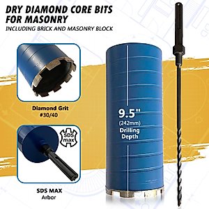 5" Dry Diamond Core Drill Bits for Brick and Block, 9.5" Drilling Depth, 10mm Segment Height, SDS Max Pilot Bit Adapter