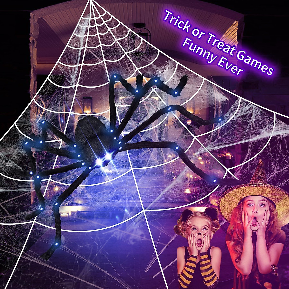 4.1FT Giant LED Halloween Spider with 24.6FT Spider Web, Light-Up Purple Eyes & Joints, Outdoor Yard Decoration with Ground Stakes & Gutter Hook, Durable & Realistic Wall Decor for Halloween Party