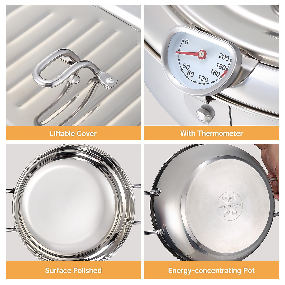 LEPO Deep Fryer Pot, 3.4L Japanese Tempura Deep Fryer Pot, 304 Stainless Steel Frying Pot With Thermometer,Lid And Oil Drip Drainer Rack for French Fries,Chicken,Fish and Shrimp