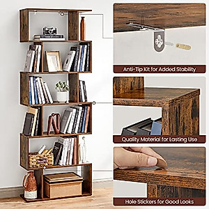 VASAGLE Bookshelf, 6-Tier Bookcase, Tall Display Shelf, Freestanding Divider, for Home Office, Living Room, Bedroom, Study, Rustic Brown