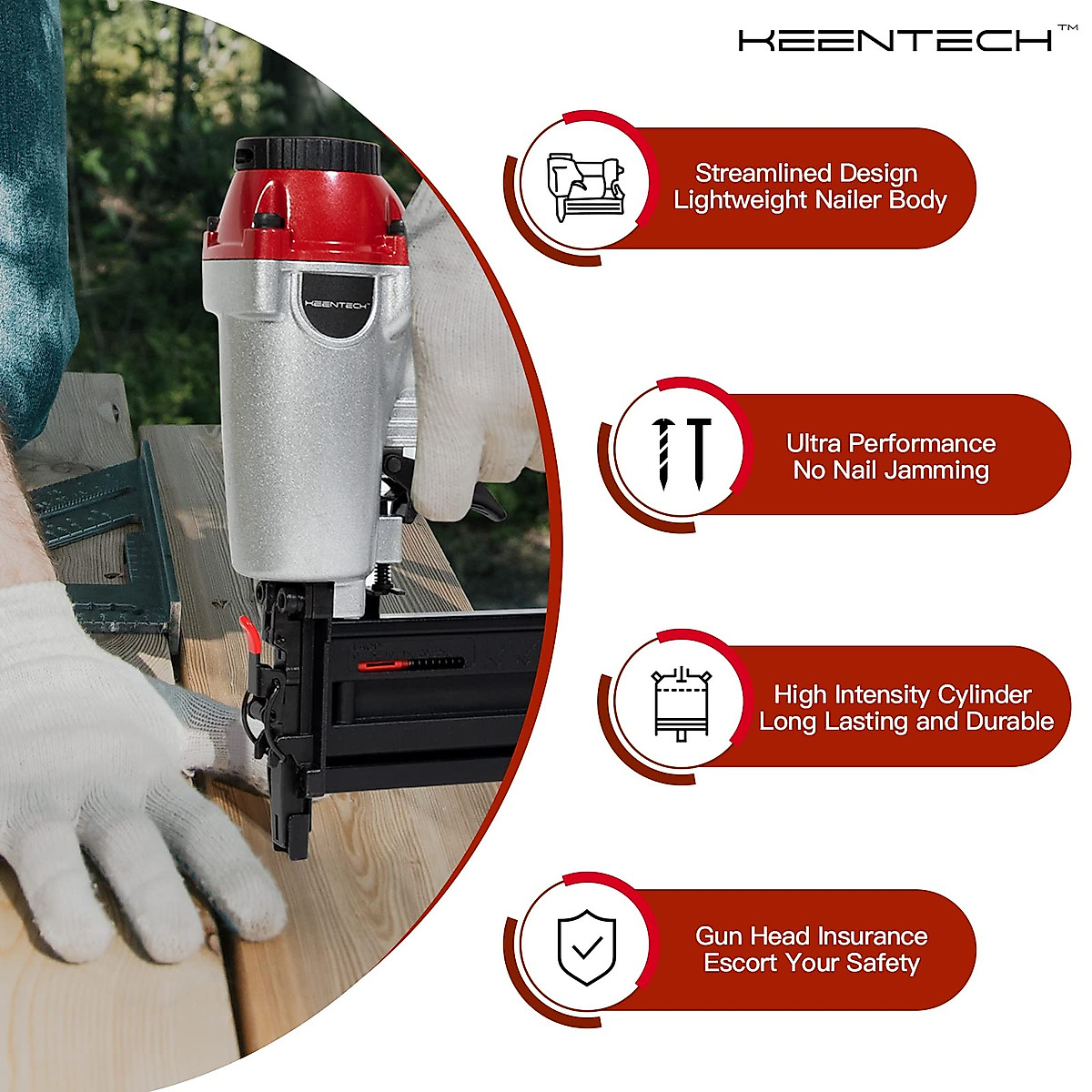 KEENTECH Pneumatic Brad Nailer, 18 GA, 2 in 1 Nail Gun and Crown Stapler Fires 2 Inch Brad Nailes and 1-5/8 Inch Crown Staples, for Carpentry, DIY Project, Woodworking, Silver & Red (KT5040)