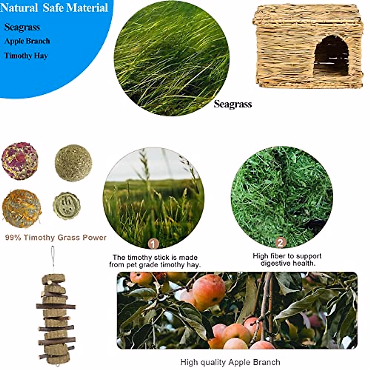 Extra Large House for Rabbits, Hand Crafted Natural Grass Bed Hideaway Hut with Chew Toys for Play Sleep Bunny Guinea Pig Chinchilla Ferret