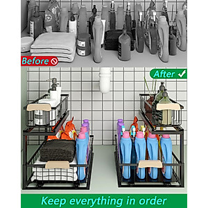 Lefipor Under Sink Organizer L-shaped. 2 Tier Pull Out Cabinet Organizer. Metal Sliding Shelf Storage. Slide Out Under Sink Storage Organizer for Kitchens, Bathrooms-Black