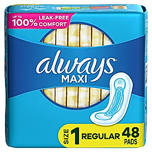 Always Maxi Feminine Pads For Women, Size 1 Regular Absorbency, Without Wings, Unscented, 48 Count