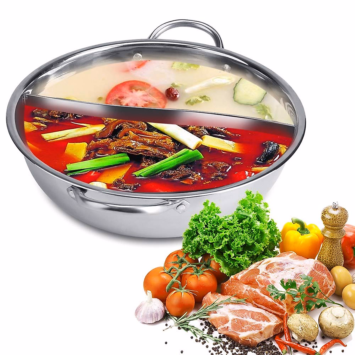 Stainless Steel Hot Pot with Divider, Thick Nonstick Hot Pot, Two Flavor Soup Pot with Hollown Handle, Induction Cooker, Gas Frunace and Log Fire Usable(29cm)