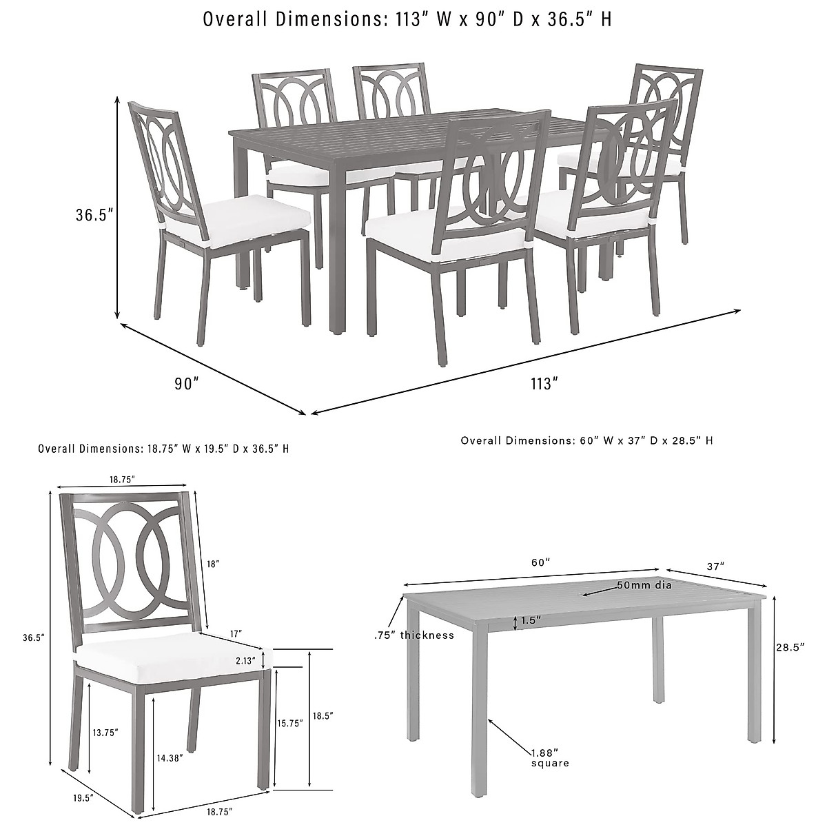 Crosley Furniture Chambers 7-Piece Outdoor Dining Set for 6, Patio Table and Chairs for Backyard, Deck, Matte Black with Creme Cushions