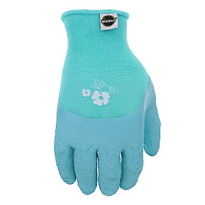 Miracle-Gro MG30851 Durable Grip Gloves – [1 Pair, X Small] Blue/Floral, Crinkle Latex Dipped Gloves with Knit Shell