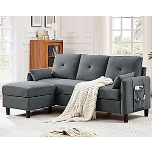 Pingliang Home Sectional Sofa Couches for Living Room, Convertible L Shaped Sofas 3-Seat Modular Couch with Reversible Chaise, Modern Linen (Dark Grey)