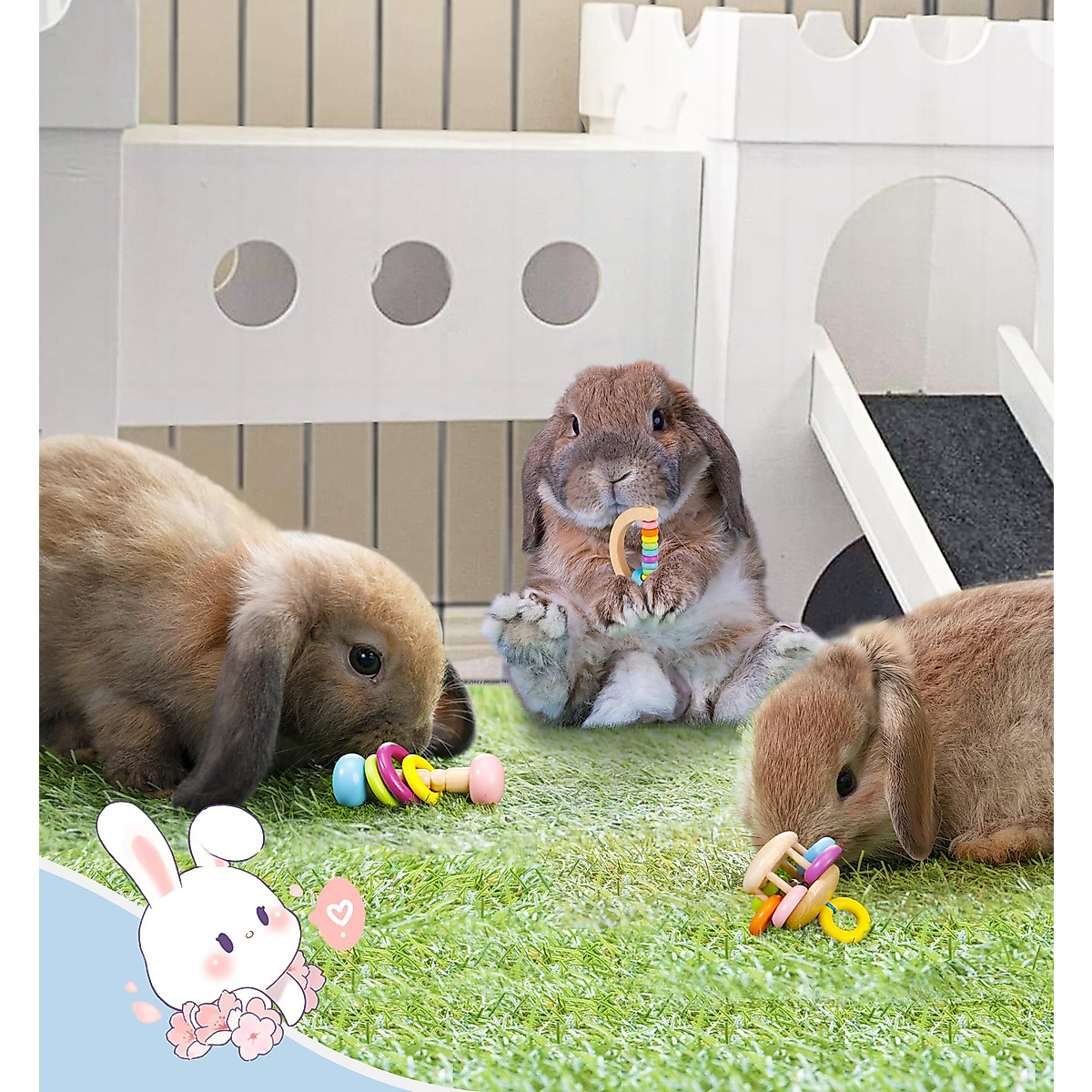 MEWTOGO 3 Pcs Wooden Bunny Toys - Safe Rabbit Toys, Bite-Resistant Guinea Pigs Toys for Chinchillas Hamsters Small Animals Playing Teeth Grinding Indoor Outdoor Bunny Gifts