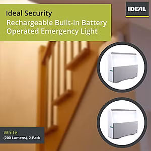 Ideal Security Rechargeable Built-In Battery Operated Emergency Light, White (200 Lumens), Set of 2