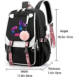 RUILIHIAO Teenage USB Port Backpack Black Pink Plush Ball Pendant School bag Outdoor Travel Daypack Bookbag (Pattern 1)