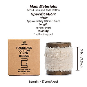 Vitalizart Cotton Ribbon Beige Nude 1-1/2 Inch Linen Ribbon Rustic Frayed Fringes for Gift Wrapping Wedding Invitations Bridal Bouquets Crafts 5 Yard