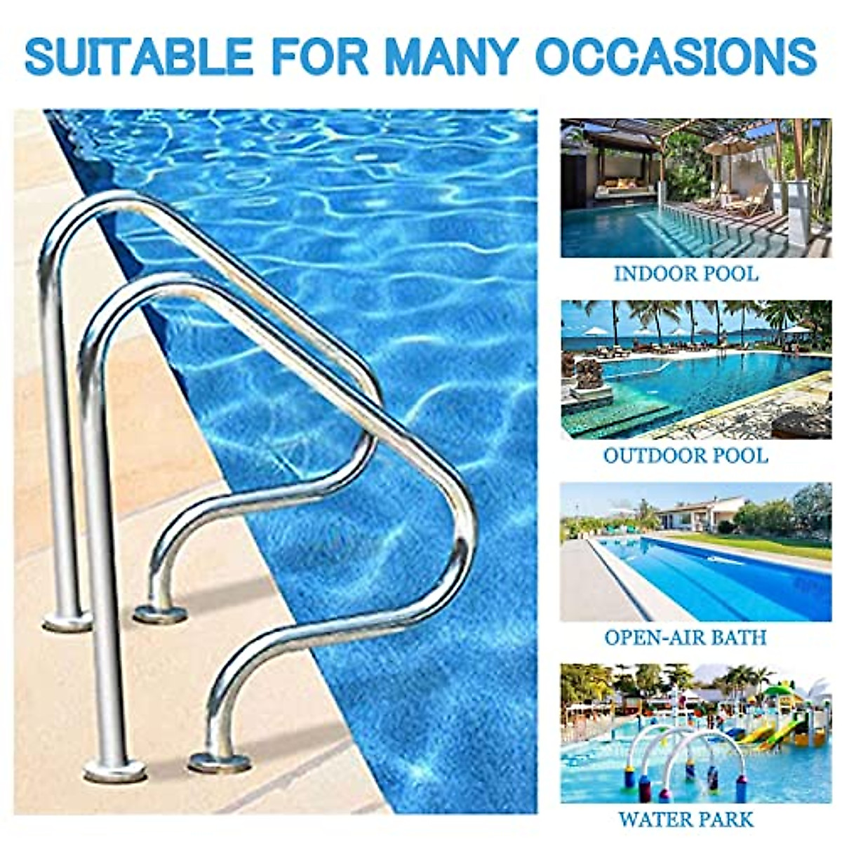 Antourlamm 1PCS Swimming Pool Handrail, Easy-to-Install Handrails, 304 Stainless Steel Hand Grab Rail, for Garden Backyard Pools, with Complete Mounting Accessories