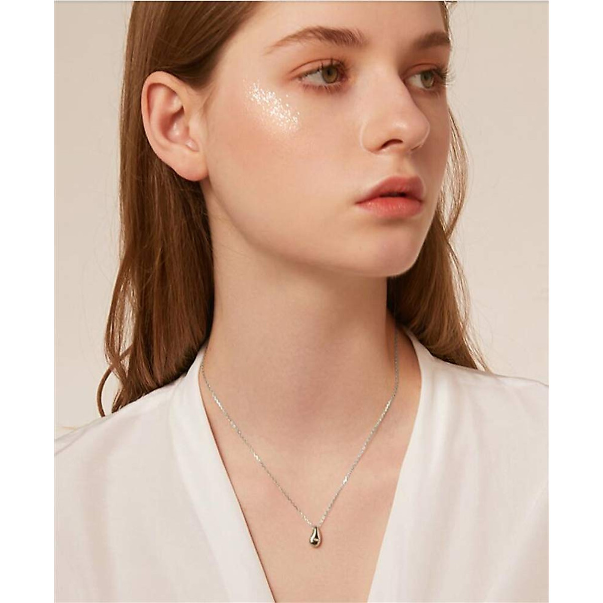 Tiny Teardrop Necklace for Women Girls Sterling Silver Minimalist Simple Oval Bead Beans Pear Shape Pendant Choker BFF Necklace Fashion Adjustable Chain 18" Jewelry Wedding Birthday Gift (Silver)