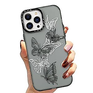 Mophinda for iPhone 13 Pro 6.1''2021 Translucent Matte Soft Phone Case, Cute Black and White Butterfly Printing (Screen Tempered Film X1) Suitable for Girls Ladies Boys Men（Black Base Color）
