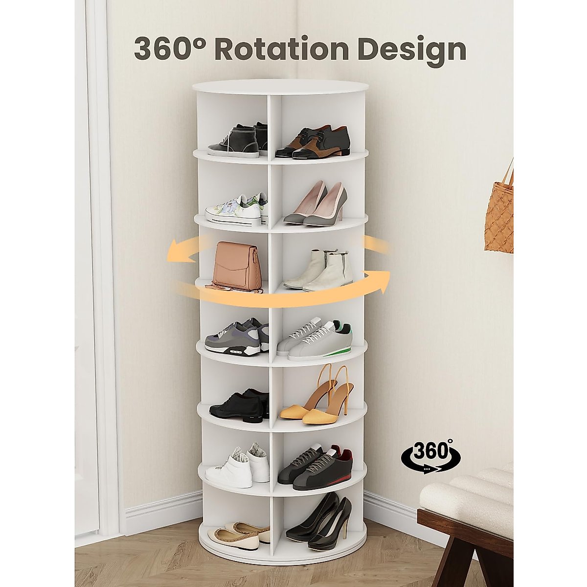 Toemics 7 Tier Rotating Shoe Rack Tower 28 Shelves, 360° Spinning Display Lazy Susan Organizer, Carousel for Shoes & Handbags, Easy Assembly, Includes 4 PCS Double-Layer Shoe Racks, White