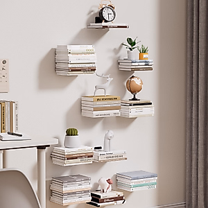 E-Senior Invisible Floating Bookshelves Set of 2, White Wall Mounted Bookshelf, Heavy-Duty Book Organizers, Iron Hanging Shelves for Bedroom, Living Room, Kitchen, Office