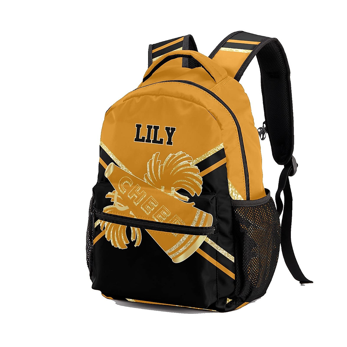 BigBigift Customized Cheer Yellow Black Cheerleaders Waterproof Backpack with Name for Hiking Camping Picnic 12.2(L)x5.9(W)x16.5(H)inch