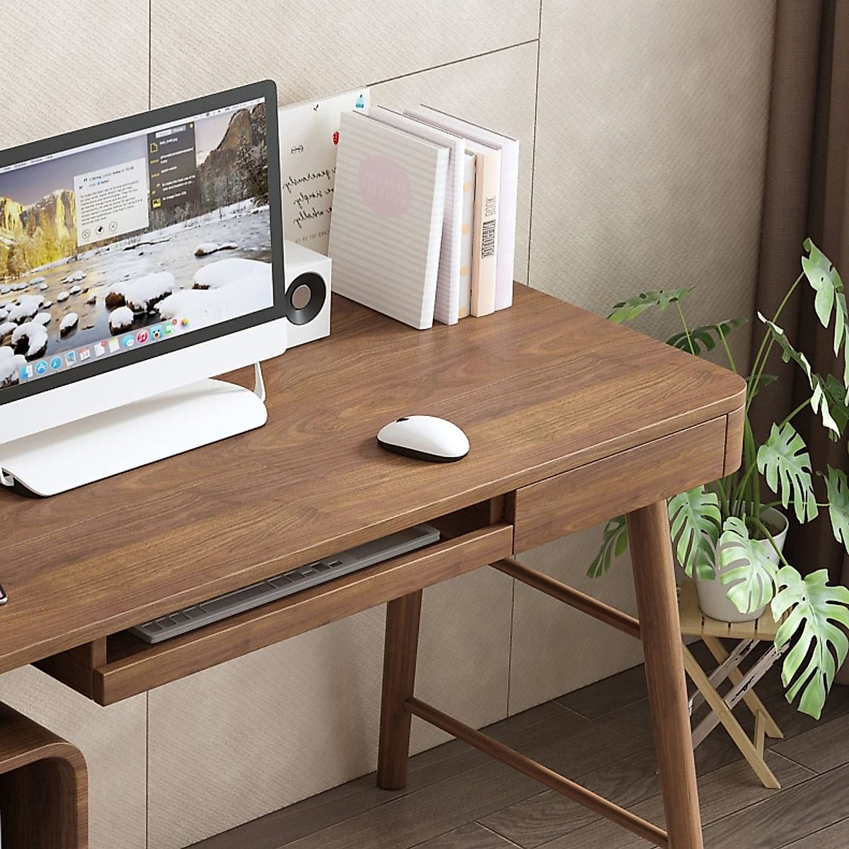 TOMYEUS Study Computer Desk Stable Wooden Desktop PC Desk with Lockers, Drawers and Keyboard Tray Modern Home Working Study Table Scalable Study Room Workstation Home Office Writing Desk