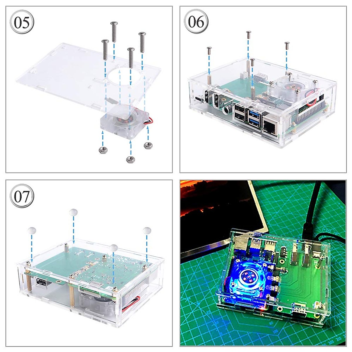 GeeekPi Acrylic Set-top Box Kit for Raspberry Pi, Pi 4 Case with 4010 Fan 5V (Blue LED Light) + Pi 4 Heatsinks + Extension Board for Raspberry Pi 4 Model B