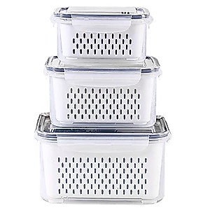 Ronanemon 3Pack Fridge Food Storage Container Set with Lids with Strainer,Plastic Fresh Produce Saver Vegetable Fruit Meat Storage Organization, BPA-Free Plastic Produce Keepers(3.15L+1.7L+0.8L)
