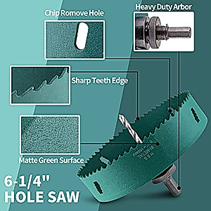 Kyuionty 6-1/4 Inch 159mm Hole Saw with Heavy Duty Arbor, HSS BI-Metal Wood Hole Saws Bit 1.26 Inch Cutting Depth, Hole Cutter for Wood Cornhole Boards, Plastic, Drywall, Fiberboard