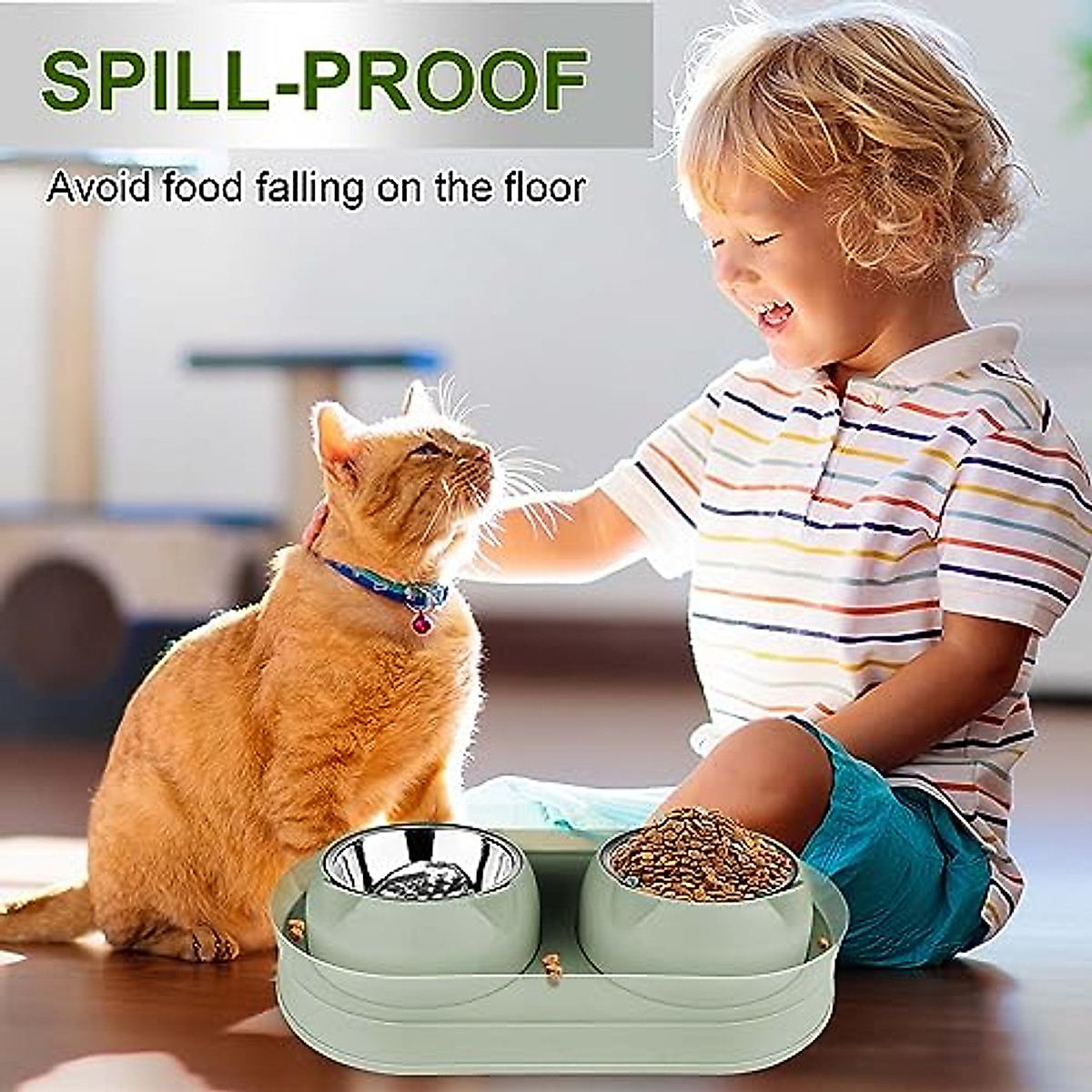 KEVIDEAWL Elevated Cat Food Bowls, Raised Cat Bowl with Stand Stainless Steel, Tilted Cat Bowls Anti Vomiting, Double Cat Food and Water Bowl Set for Cats (Green)