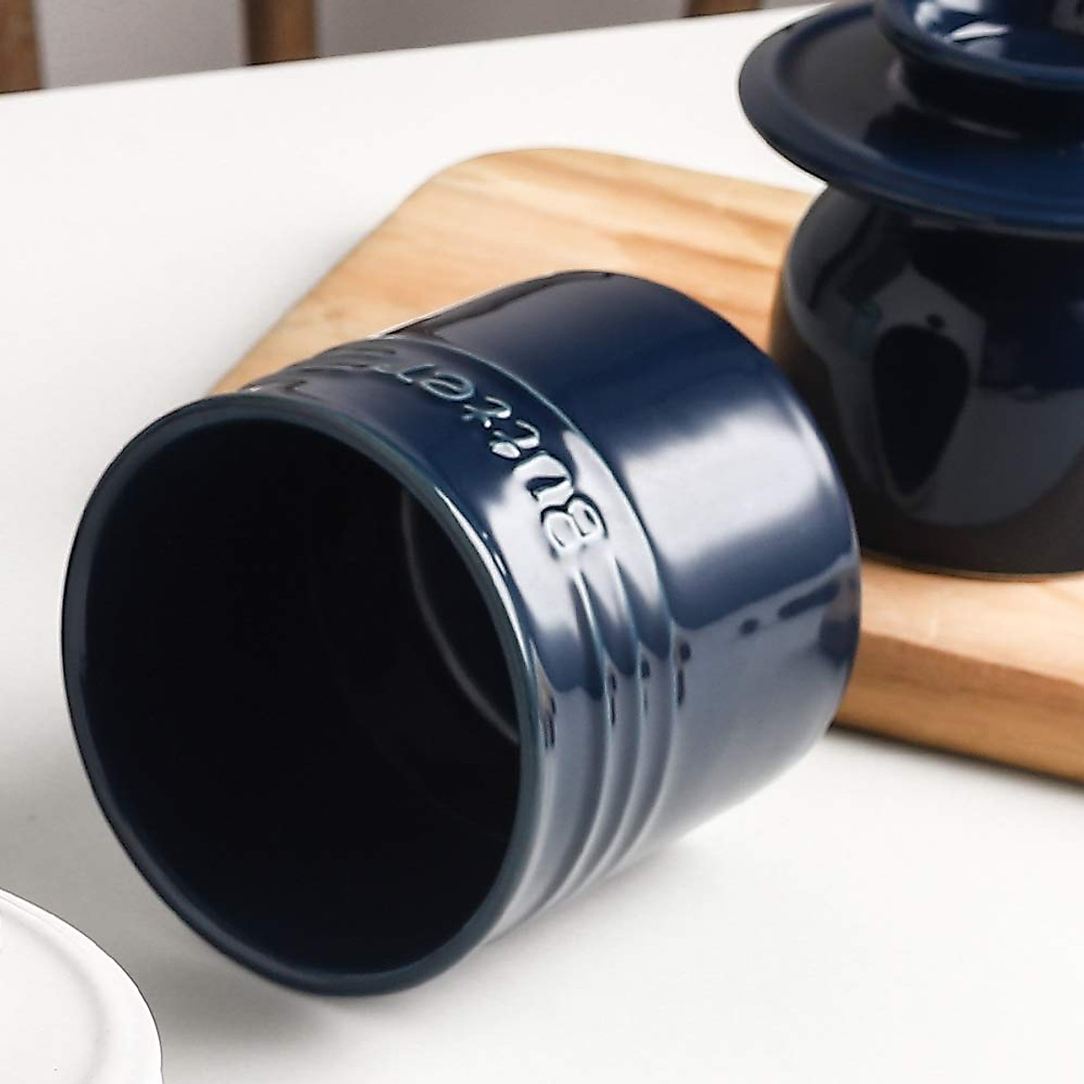 KOOV Porcelain Butter Crock, French Butter Dish, Ceramic Butter Keeper for Counter, Big Capacity, Elegant Blue Collection (Aegean)