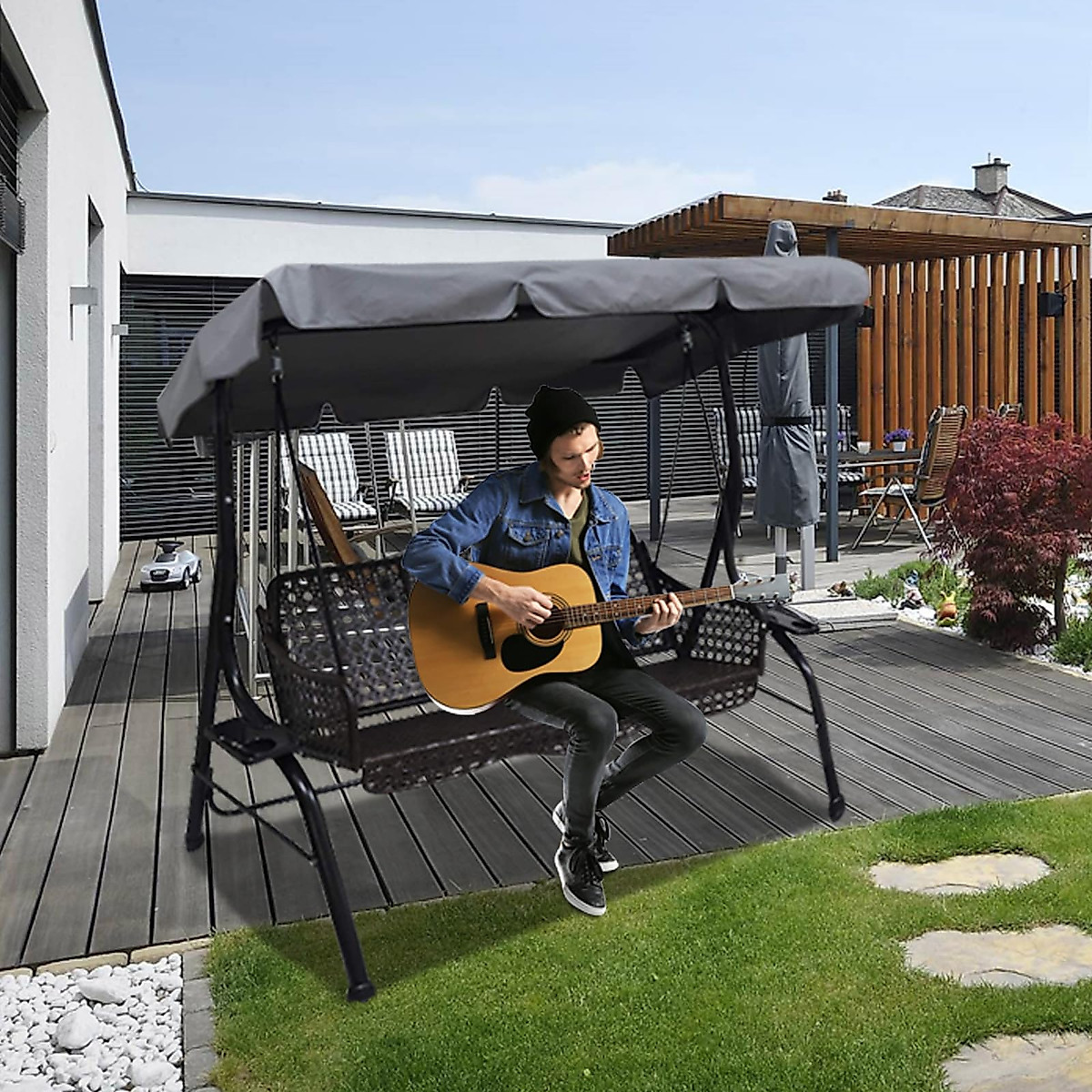 Outdoor Patio Swing Chair Canopy Replacement, 3 Seater Porch Swing Seat Canopy Cover, Waterproof Windproof Anti-UV Heavy Duty Rip Proof Garden Hammock Top Cover, Garden Furniture Covers (Grey, Large)